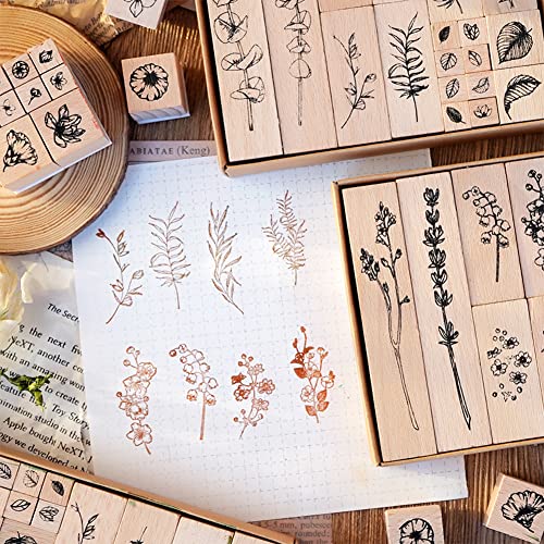 22 Pcs Plant Wooden Rubber Stamps Set, Plant Decorative Wooden Stamp DIY Craft Wooden Rubber Stamps for DIY Craft, Letters Diary and Craft Scrapbooking (Plant 2)