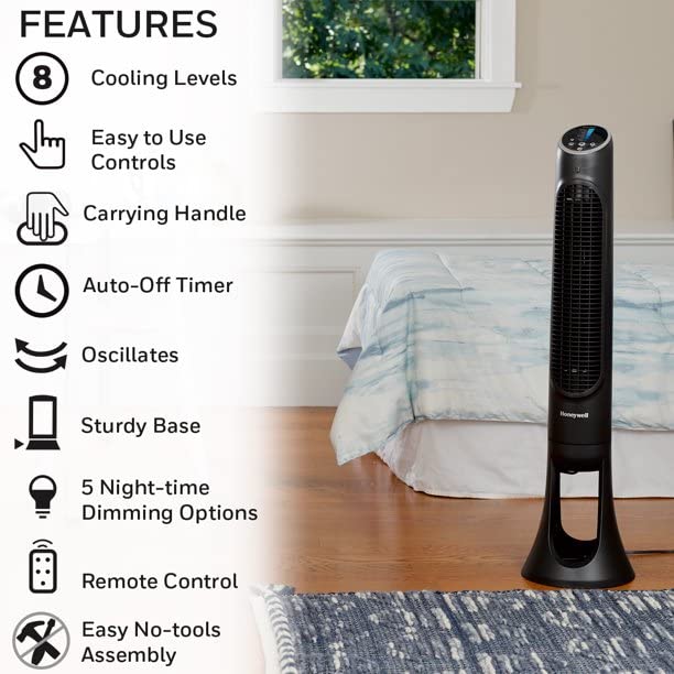 Honeywell QuietSet Oscillating Electric Tower Stand Fan 40”, Powerful and Quiet 5-Speeds with Remote Control (Renewed)