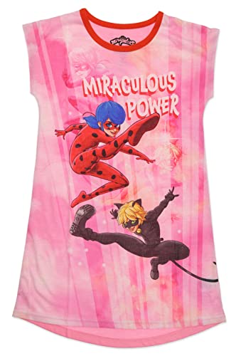 Miraculous Ladybug Pajamas for Girls Nightgown and Slipper Set, Short Sleeve Dorm Shirt, Red/Pink, Size 7/8