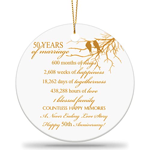 Wedding Anniversary Ornament Years of Marriage Gift Round Ceramic Christmas Tree Ornament Marriage Collectible Holiday Keepsake Decoration Gift for Couple Parent Husband Wife (50th Anniversary)