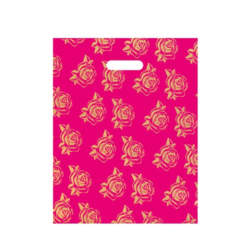 InfinitePack Large 12"x15"(100pcs) Golden Roses Printed on Pink Thank You Merchandise Bags , Die Cut Handles, Retail Shopping Bags for Boutique, Goodie Bags, Gift Bags Bulk, Favors, 1.5 Mil Reusable Plastic Bags