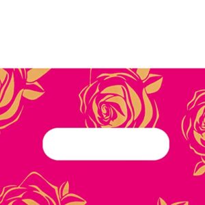 InfinitePack Large 12"x15"(100pcs) Golden Roses Printed on Pink Thank You Merchandise Bags , Die Cut Handles, Retail Shopping Bags for Boutique, Goodie Bags, Gift Bags Bulk, Favors, 1.5 Mil Reusable Plastic Bags