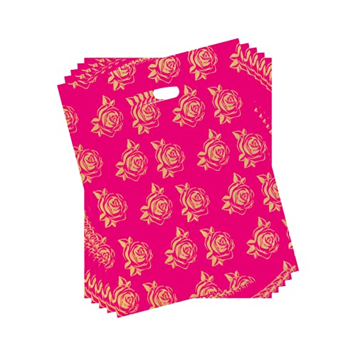 InfinitePack Large 12"x15"(100pcs) Golden Roses Printed on Pink Thank You Merchandise Bags , Die Cut Handles, Retail Shopping Bags for Boutique, Goodie Bags, Gift Bags Bulk, Favors, 1.5 Mil Reusable Plastic Bags