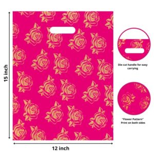 InfinitePack Large 12"x15"(100pcs) Golden Roses Printed on Pink Thank You Merchandise Bags , Die Cut Handles, Retail Shopping Bags for Boutique, Goodie Bags, Gift Bags Bulk, Favors, 1.5 Mil Reusable Plastic Bags