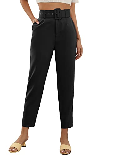 MakeMeChic Women's Casual High Waisted Belted Tapered Pants with Pockets Black M