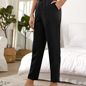 MakeMeChic Women's Casual High Waisted Belted Tapered Pants with Pockets Black M