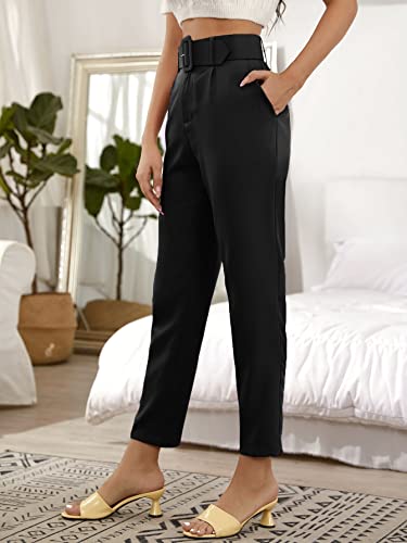 MakeMeChic Women's Casual High Waisted Belted Tapered Pants with Pockets Black M