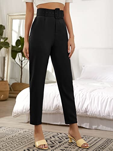 MakeMeChic Women's Casual High Waisted Belted Tapered Pants with Pockets Black M