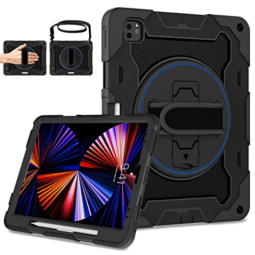 ROSROME for iPad Pro 12.9 inch Case with Screen Protector for Kids[15ft Drop Protection] Heavy Duty Shockproof 12.9 Case with 360 Kickstand Hand Strap Pencil Holder, Not fit iPad 12.9 case 2nd/1st Gen