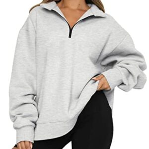 Trendy Queen Womens Oversized Half Zip Pullover Sweatshirts Fleece Jackets Quarter Zip Cropped Sweaters Hoodies Fall Clothes Outfits Tops Grey