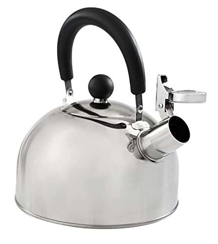 HOME-X Shiny Whistling Kettle, Stainless-Steel Stovetop Tea Kettle, Whistling Water Boiler, Large 2 Liter Capacity,8 ¾” L x 7" W x 8 ¼”, Polished Stainless-Steel