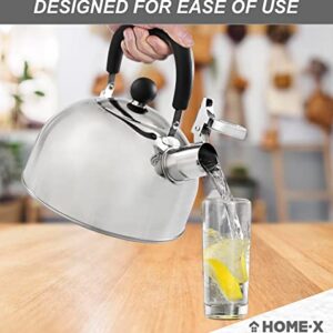 HOME-X Shiny Whistling Kettle, Stainless-Steel Stovetop Tea Kettle, Whistling Water Boiler, Large 2 Liter Capacity,8 ¾” L x 7" W x 8 ¼”, Polished Stainless-Steel