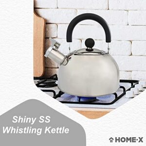 HOME-X Shiny Whistling Kettle, Stainless-Steel Stovetop Tea Kettle, Whistling Water Boiler, Large 2 Liter Capacity,8 ¾” L x 7" W x 8 ¼”, Polished Stainless-Steel