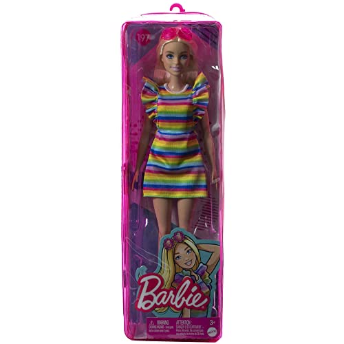 Barbie Fashionistas Doll #197 with Braces, Blonde Hair, Rainbow Tiered Dress & Accessories