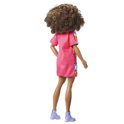 Barbie Fashionistas Doll #201 with Athletic Body, Curly Brunette Hair, Graffiti-Print Dress & Accessories