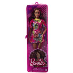 Barbie Fashionistas Doll #201 with Athletic Body, Curly Brunette Hair, Graffiti-Print Dress & Accessories