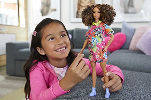 Barbie Fashionistas Doll #201 with Athletic Body, Curly Brunette Hair, Graffiti-Print Dress & Accessories