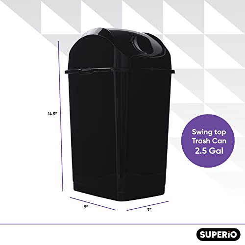 Superio Small 2.5 Gallon Plastic Trash Can with Swing Top Lid, Compact Slim Waste Bin for Under Desk, Office, Bedroom, Bathroom, Dorm Room, 10 Qt. Portable Garbage Can (Black)