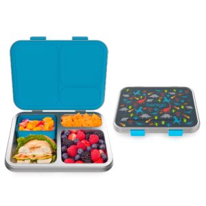 bentgo® kids stainless steel prints leak-resistant lunch box - new improved 2022 bento-style with updated latches, 3 compartments & bonus container - eco-friendly, dishwasher safe, bpa-free (dinosaur)