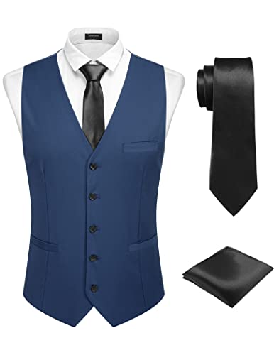 COOFANDY Mens 3 Piece Vest Set Casual Business Waistcoat Suit with Tie Hankie