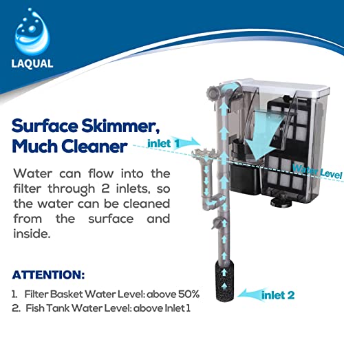 LAQUAL Aquarium Filter with Surface Skimmer, 15-30 Gallon Small Fish Tank Filter, Full Contact & 3 Layer Filtration, Quiet & Efficient, Waterfall Design for Increasing Oxygen, Hang on Back Filter