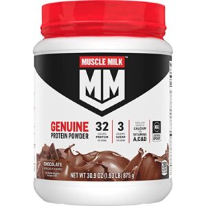 muscle milk genuine protein powder, chocolate, 1.93 pounds, 12 servings, 32g protein, 3g sugar, calcium, vitamins a, c & d, nsf certified for sport, energizing snack, packaging may vary