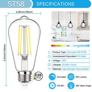 MAXvolador Vintage LED Edison Bulb Dimmable 60W Equivalent 850 Lumens, 6W Edison Light Bulbs Daylight White 5000K, Antique ST58 LED Filament Bulb E26 Base, CRI 85+, Clear Glass, Pack of 4