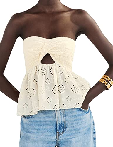 MISSACTIVER Women Twist Knot Knit Bandeau Tube Top Embroidery Strapless Off Shoulder Backless Hollow Crop Tank Corset Top Apricot