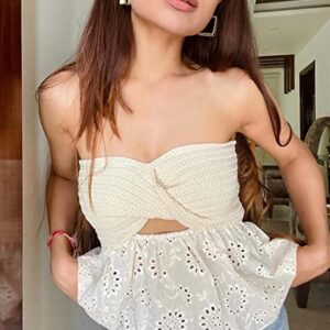 MISSACTIVER Women Twist Knot Knit Bandeau Tube Top Embroidery Strapless Off Shoulder Backless Hollow Crop Tank Corset Top Apricot