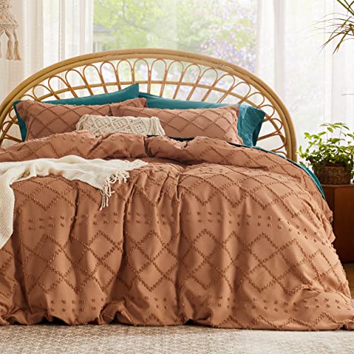 Bedsure Boho Duvet Cover Queen - Boho Bedding, Tufted Queen Duvet Cover for All Seasons, 3 Pieces Embroidery Shabby Chic Home Bedding Duvet Cover Set (Pumpkin, Queen, 90x90)