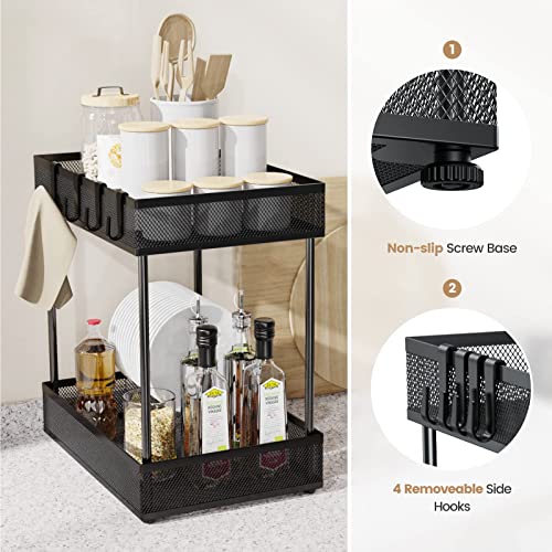 Bathroom ,Kitchen Sink Cabinet Organizer, 2 Tier Under Sink , Under Cabinet Organizers and Storage with 4 Hooks,Non-slip Feet, Metal