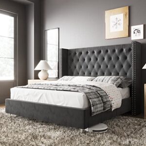 jocisland queen bed frame upholstered bed wingback headboard velvet tufted diamond button/no box spring needed/easy assembly/gray