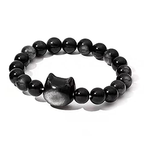 OwMell Natural Black Obsidian Bracelet, Cat Beaded Bracelets for Women Men, Stretch Bracelet 8mm - Silver