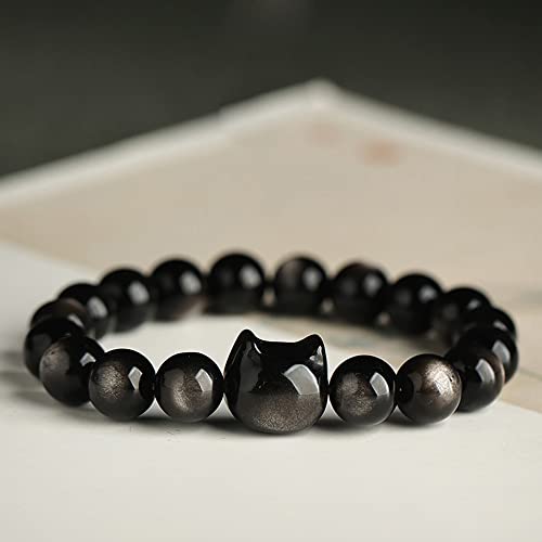 OwMell Natural Black Obsidian Bracelet, Cat Beaded Bracelets for Women Men, Stretch Bracelet 8mm - Silver