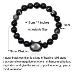 OwMell Natural Black Obsidian Bracelet, Cat Beaded Bracelets for Women Men, Stretch Bracelet 8mm - Silver