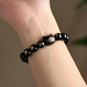 OwMell Natural Black Obsidian Bracelet, Cat Beaded Bracelets for Women Men, Stretch Bracelet 8mm - Silver