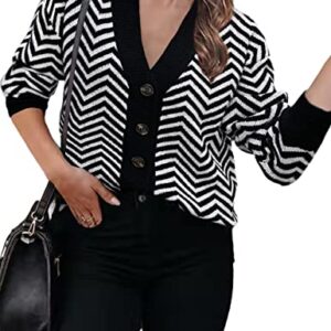 PRETTYGARDEN Women's 2023 Button Down Pullover Sweater Long Sleeve V Neck Open Front Striped Knit Cardigans (White,Medium)