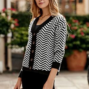 PRETTYGARDEN Women's 2023 Button Down Pullover Sweater Long Sleeve V Neck Open Front Striped Knit Cardigans (White,Medium)