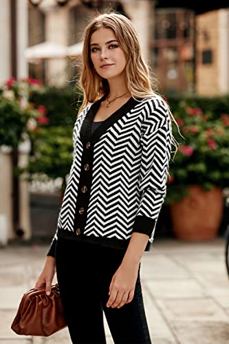 PRETTYGARDEN Women's 2023 Button Down Pullover Sweater Long Sleeve V Neck Open Front Striped Knit Cardigans (White,Medium)