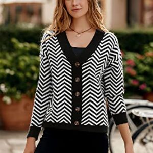 PRETTYGARDEN Women's 2023 Button Down Pullover Sweater Long Sleeve V Neck Open Front Striped Knit Cardigans (White,Medium)