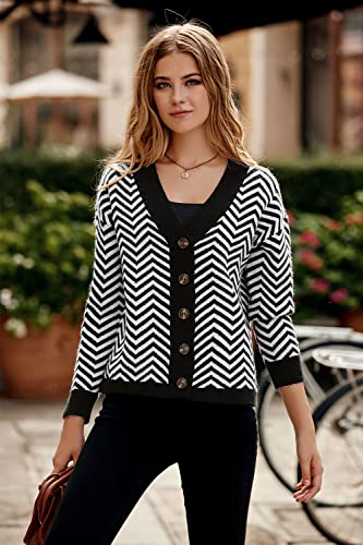 PRETTYGARDEN Women's 2023 Button Down Pullover Sweater Long Sleeve V Neck Open Front Striped Knit Cardigans (White,Medium)