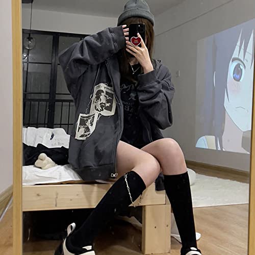 Alt Emo Clothes Women Oversized Zip Up Hoodies Rhinestone Y2k Aesthetic Skeleton Sweatshirts Grunge Gothic Jacket Streetwear (L,b)