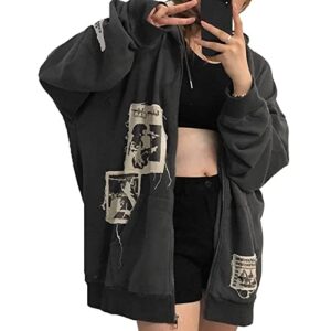 alt emo clothes women oversized zip up hoodies rhinestone y2k aesthetic skeleton sweatshirts grunge gothic jacket streetwear (l,b)