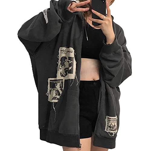 Alt Emo Clothes Women Oversized Zip Up Hoodies Rhinestone Y2k Aesthetic Skeleton Sweatshirts Grunge Gothic Jacket Streetwear (L,b)