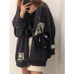 Alt Emo Clothes Women Oversized Zip Up Hoodies Rhinestone Y2k Aesthetic Skeleton Sweatshirts Grunge Gothic Jacket Streetwear (L,b)