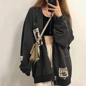 Alt Emo Clothes Women Oversized Zip Up Hoodies Rhinestone Y2k Aesthetic Skeleton Sweatshirts Grunge Gothic Jacket Streetwear (L,b)