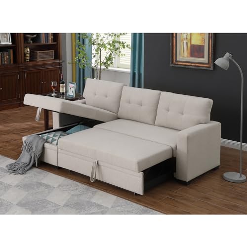 Devion Furniture Contemporary Reversible Sectional Sleeper Sectional Sofa with Storage Chaise in Beige Fabric