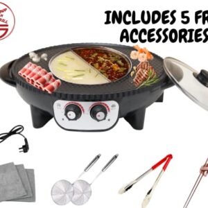 Soup N Grill C2 Circular Edition Hotpot Grill Combo Indoor Korean BBQ, Shabu Shabu Electric Hot Pot with Divider, Portable with Free Strainer Scoops, Extra Long Chopsticks, Tongs, Cloths, Smokeless Grill