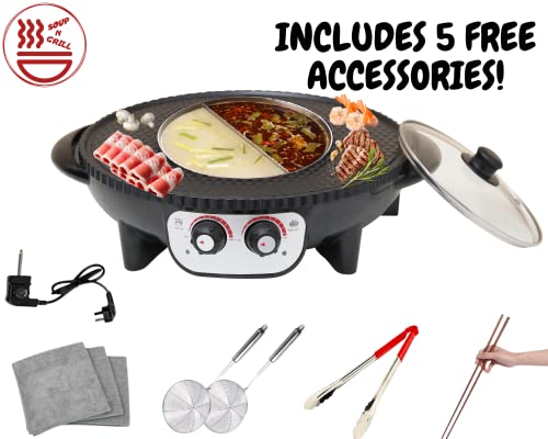 Soup N Grill C2 Circular Edition Hotpot Grill Combo Indoor Korean BBQ, Shabu Shabu Electric Hot Pot with Divider, Portable with Free Strainer Scoops, Extra Long Chopsticks, Tongs, Cloths, Smokeless Grill