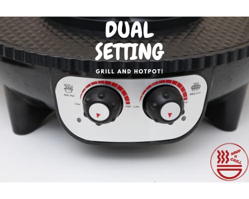 Soup N Grill C2 Circular Edition Hotpot Grill Combo Indoor Korean BBQ, Shabu Shabu Electric Hot Pot with Divider, Portable with Free Strainer Scoops, Extra Long Chopsticks, Tongs, Cloths, Smokeless Grill